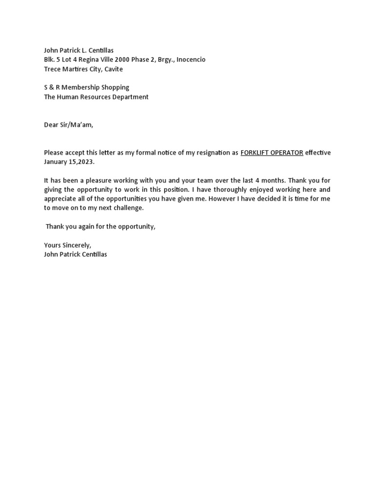Forklift Operator Resignation Letter | PDF | Career & Growth