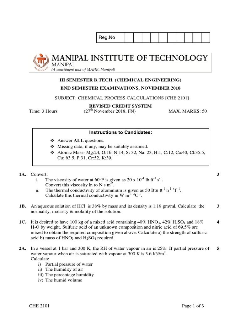 B.Tech Chemical Engineering End Semester Exam Questions | PDF