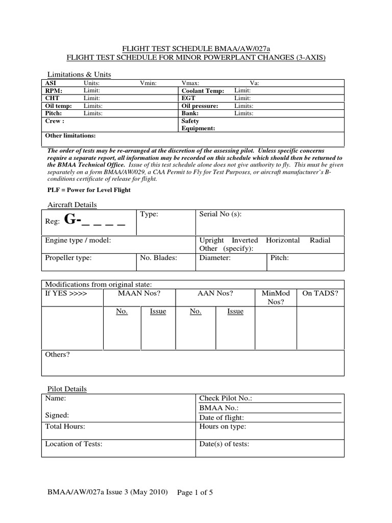 Test Pilots Schedual For Minor Power Plant Changes Aw - 027a BMAA | PDF ...