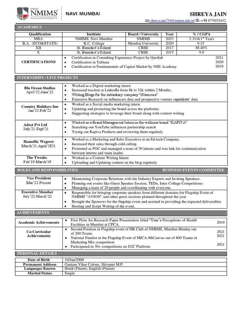 CV - SHREYA JAIN !.. - Shreya Jain | PDF | Communication | Web 2.0