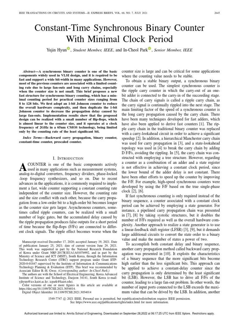 Constant-Time Synchronous Binary Counter With Minimal Clock Period ...