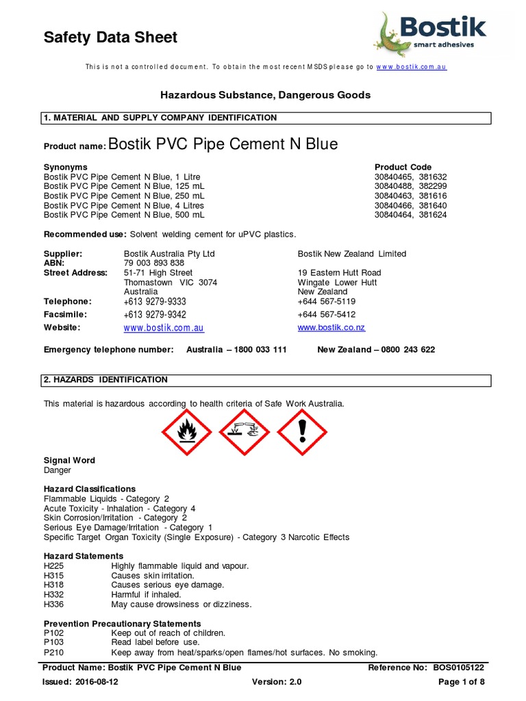 Bostik PVC Pipe Cement N Blue SDS | PDF | Dangerous Goods | Toxicity