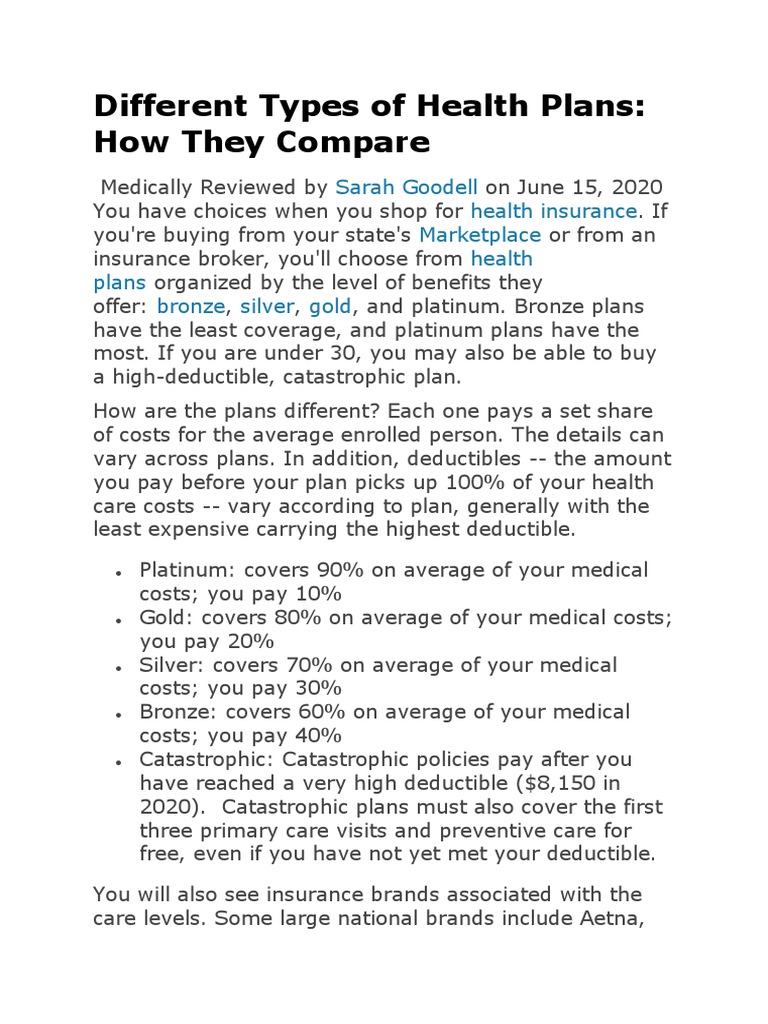 Different Types of Health Plans: How They Compare | PDF | Health ...