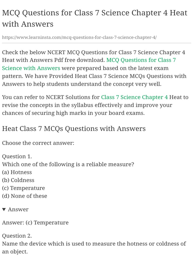 Class 7 Heat MCQs with Answers PDF | PDF | Thermal Conduction | Heat