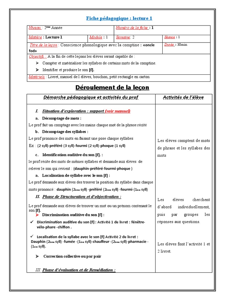 Fiche Pédagogique : Lecture Niveau 2 | PDF | Syllabe | Pédagogie