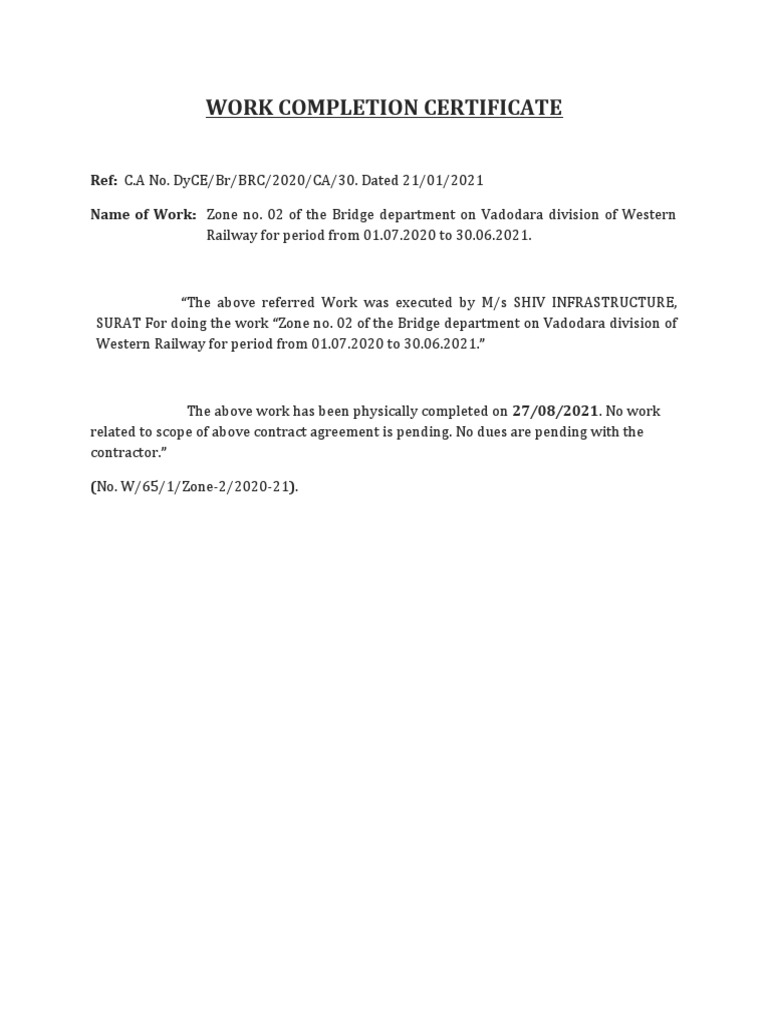 Work Completion Certificate for Bridge Department | PDF