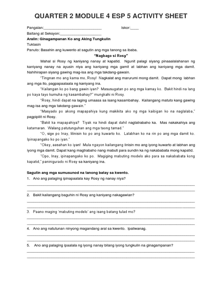 Quarter 2 Module 4 Esp 5 Activity Sheet: Aralin: Ginagampanan Ko Ang Aking Tungkulin | PDF