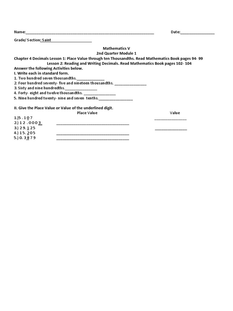 Math 5 Quarter 2 Week 1 | PDF