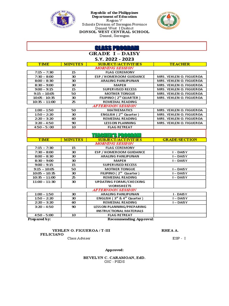 Class Program Yehlen Sy 2022 2023 Pdf