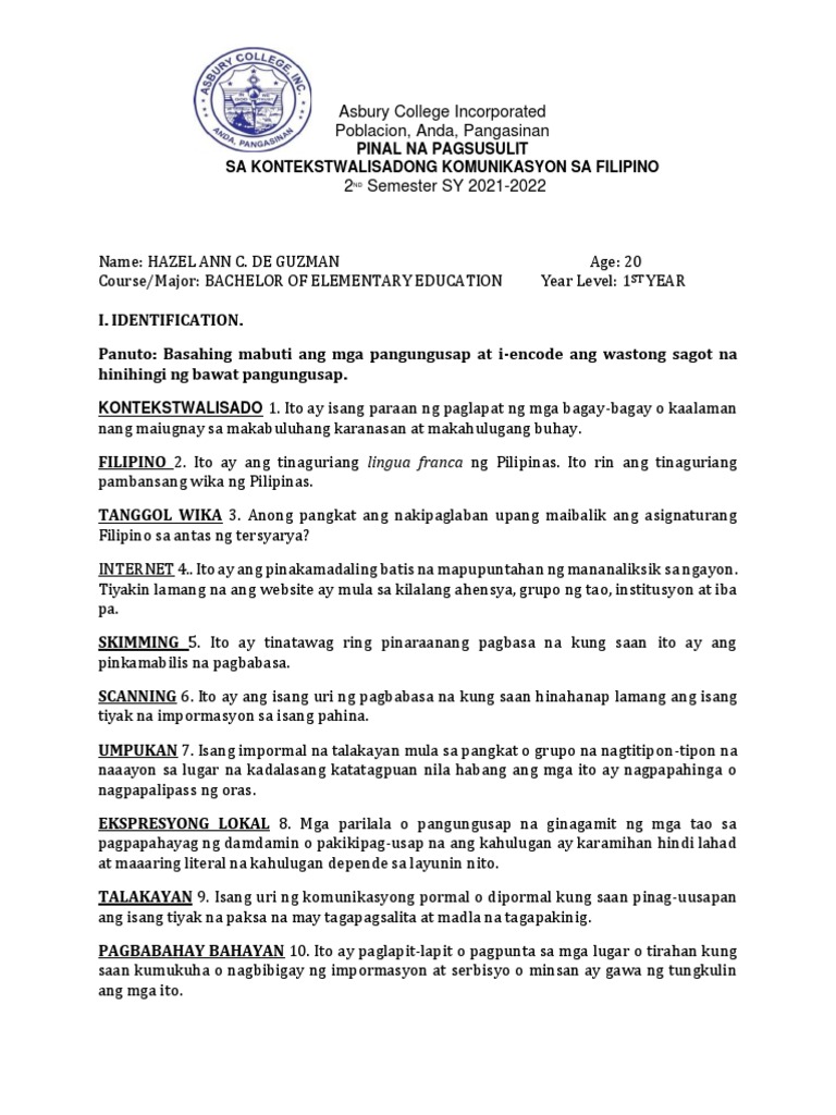 Huling Pagsusulit - Hazel Ann C. de Guzman Beed 1 Class 2 | PDF