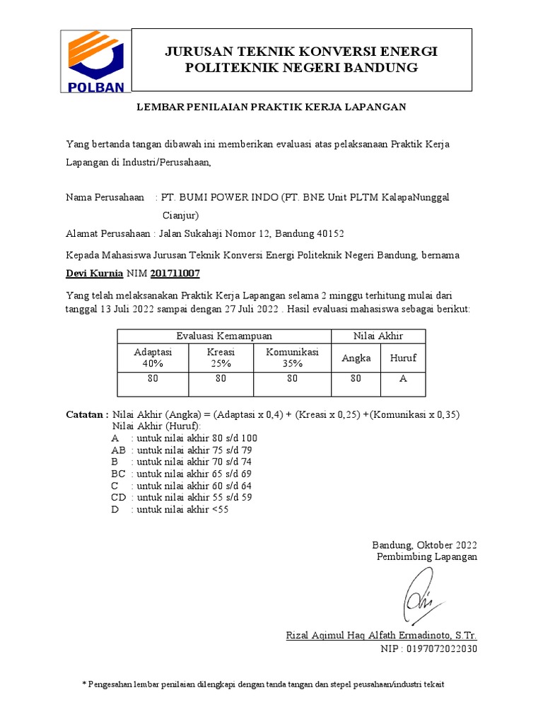Lembar Penilaian Praktik Kerja Lapangan | PDF