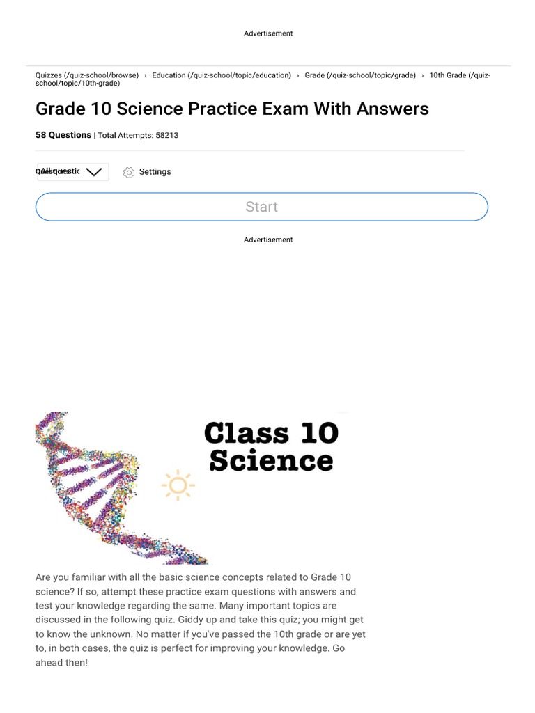 Grade 10 Science Practice Exam Quiz | PDF | Artery | Tissue (Biology)