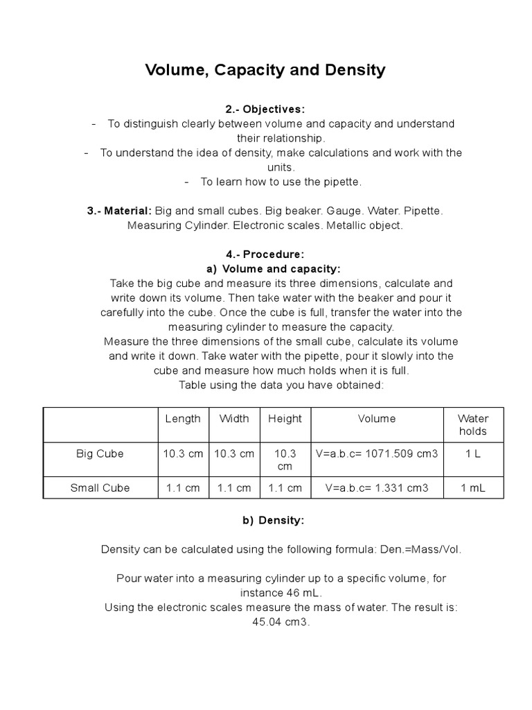 Volume, Capacity, and Density Explained | PDF | Density | Volume