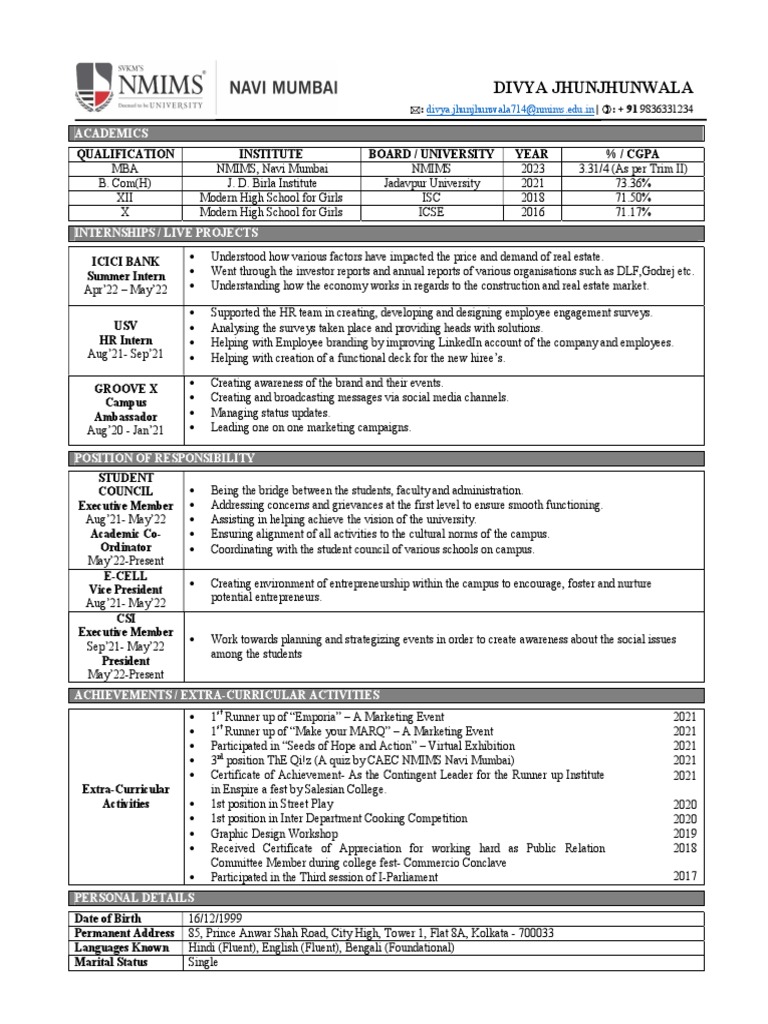 CV - Divya Jhunjhunwala - Divya Jhunjhunwala | PDF | Business | Economies