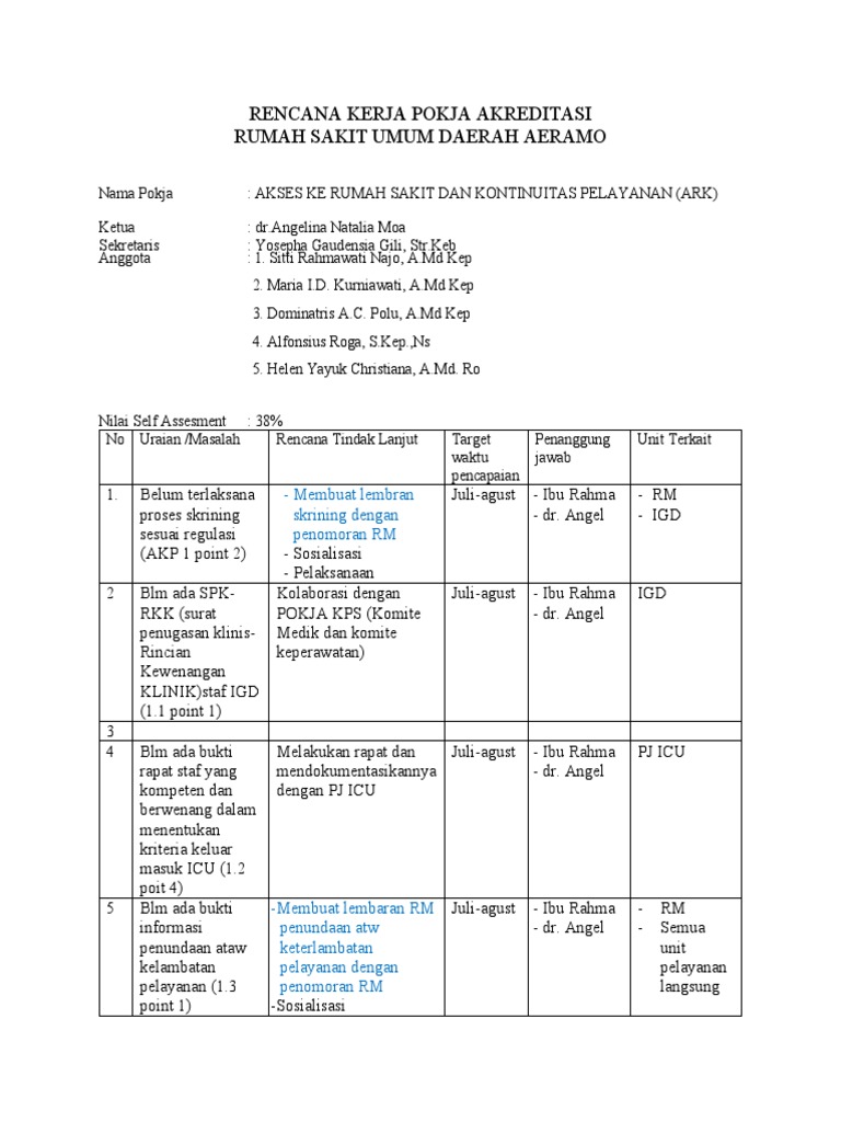 Rencana Kerja Pokja Akreditasi | PDF