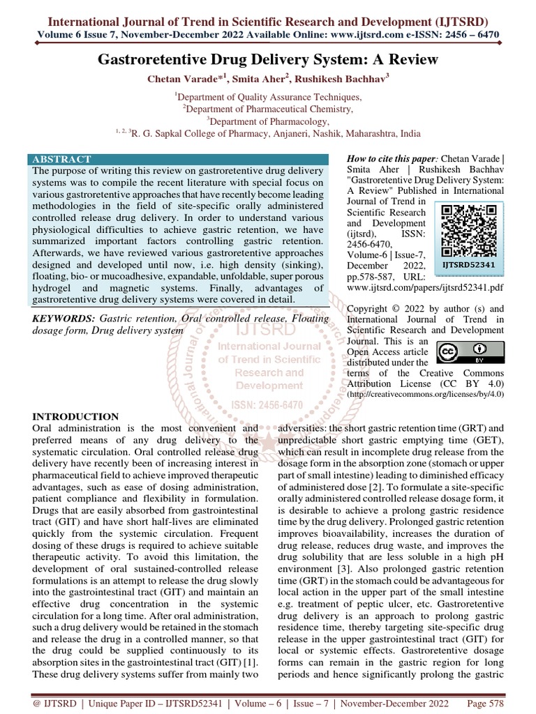 Gastroretentive Drug Delivery System A Review | PDF | Stomach ...