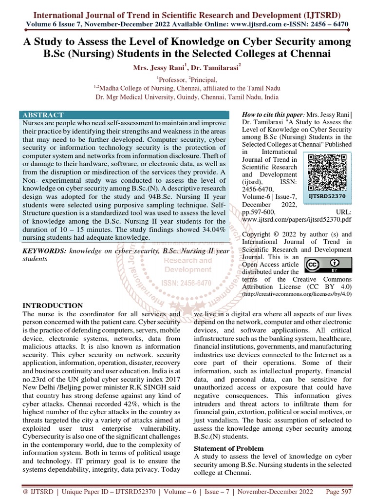 A Study To Assess The Level of Knowledge On Cyber Security Among B.SC Nursing Students in The ...