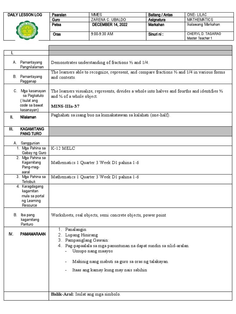Ubaldo Cot 1 Math Lesson Plan 2022 | PDF