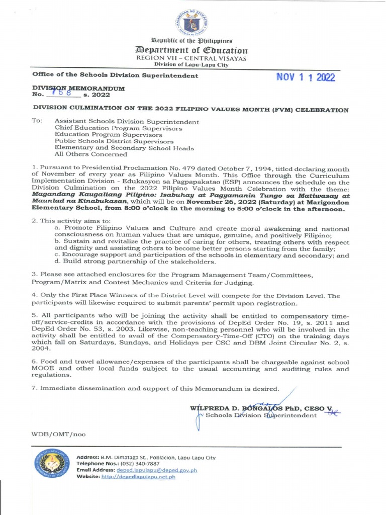 DM No. 758 S. 2022 Division Culminating On The 2022 Filipino Values Month FVM Celebration | PDF