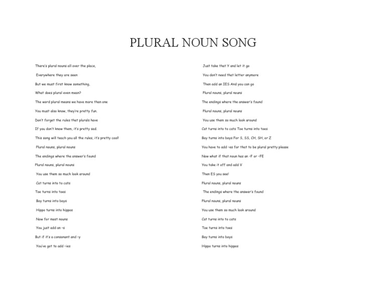 Plural Noun Song | PDF | Language Arts & Discipline | Foreign Language ...