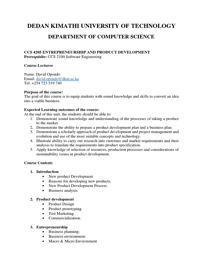 CCS 4205 Entrepreneurship and Product Development Course Outline | PDF ...