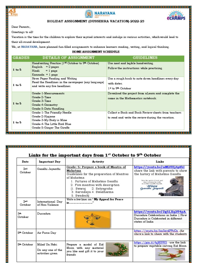 Dussehra Holiday Homework 2022-23 | PDF | Mail | Public Services