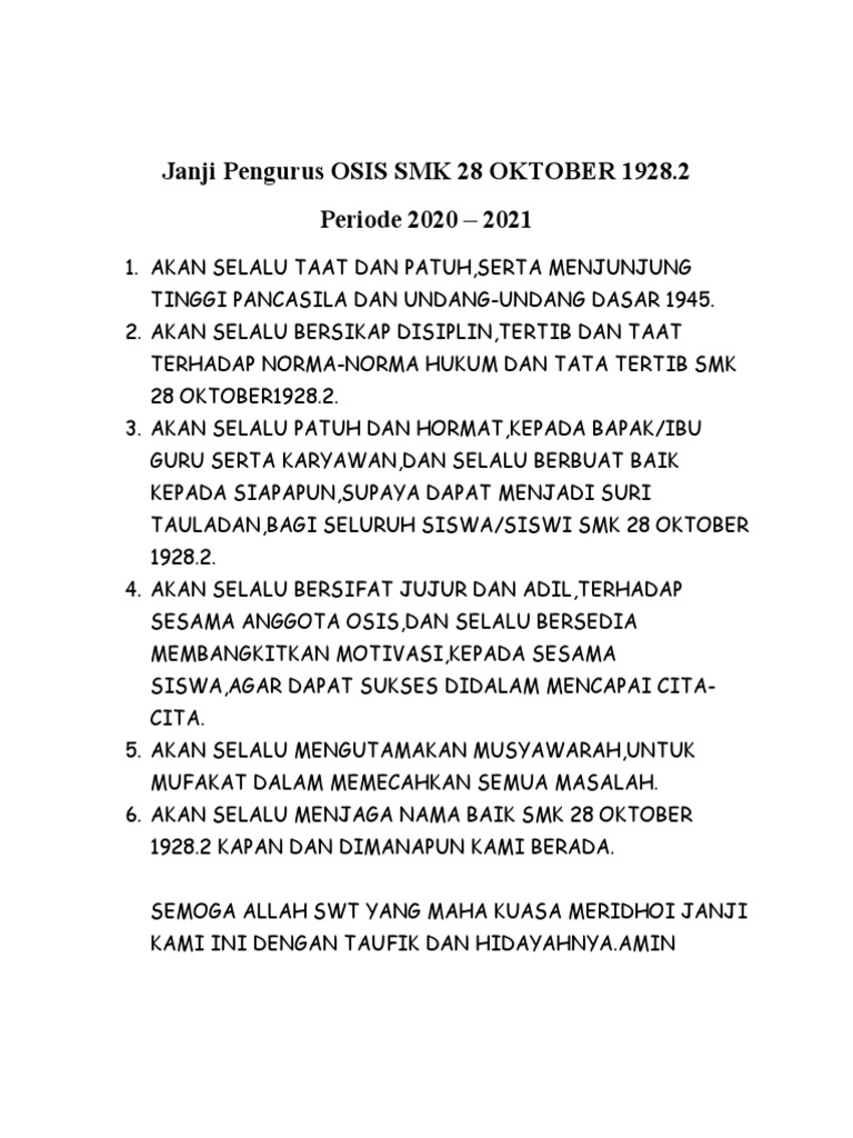 Janji Pengurus Osis SMK 28 Oktober 1928 | PDF | Perjalanan | Teknologi ...