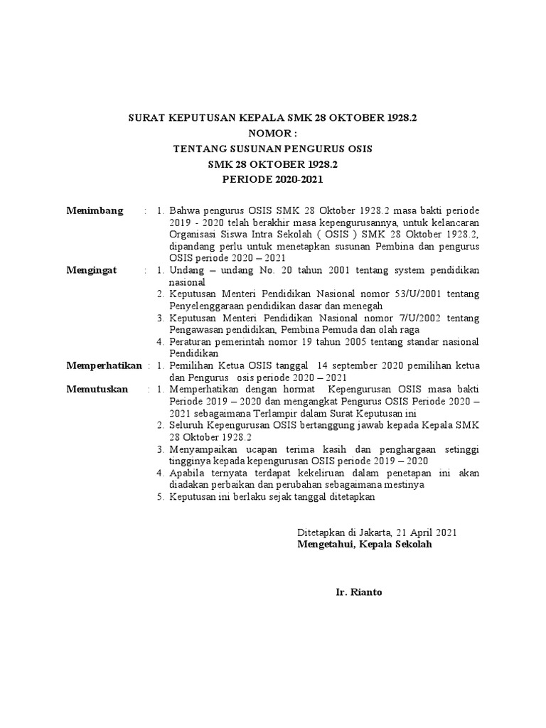 Susunan Pengurus OSIS SMK 2020-2021 | PDF