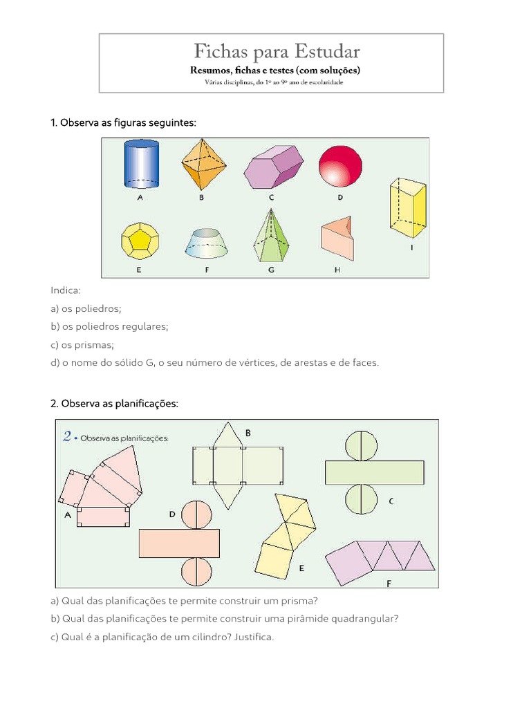 Ficha Matematica 5 Ano Solidos Geometricos | PDF | Vértice (Geometria) | Objetos geométricos