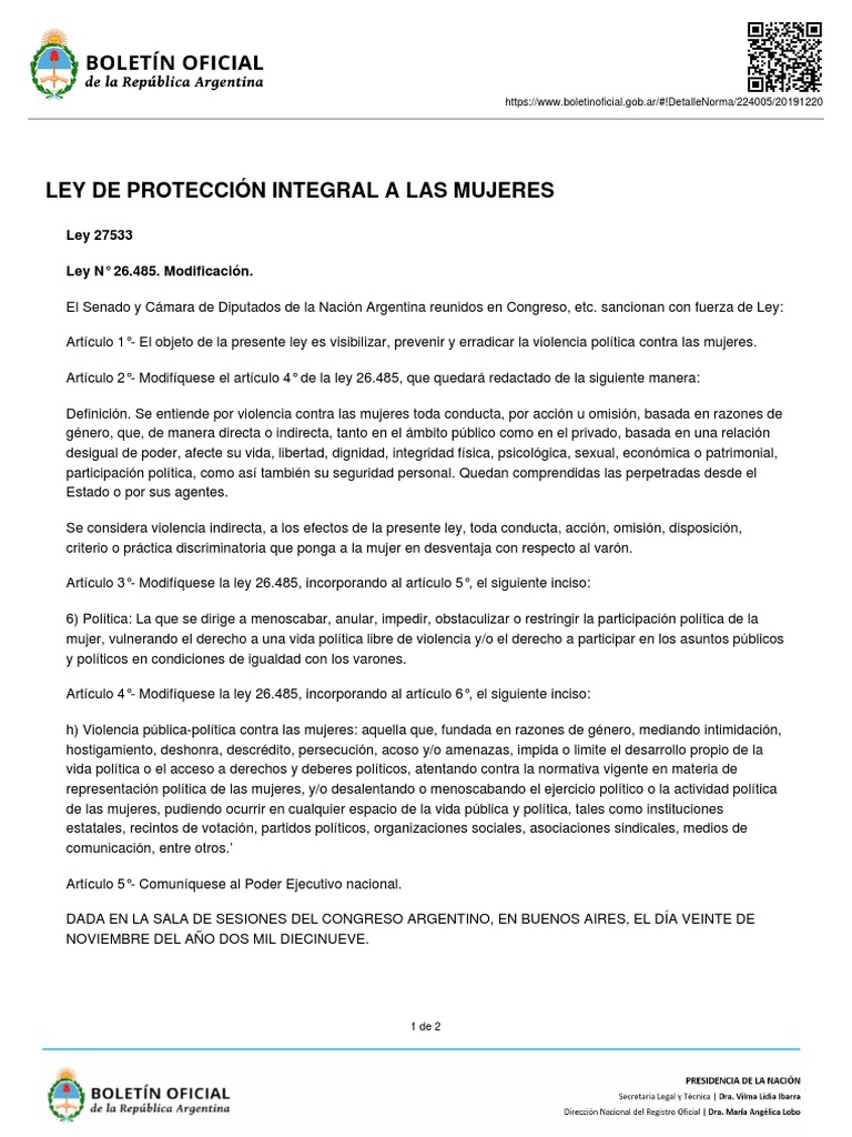 LEY 26485 MODIFICACI+ôN VIOLENCIA POLITICA | PDF | La violencia contra las mujeres | Derechos ...