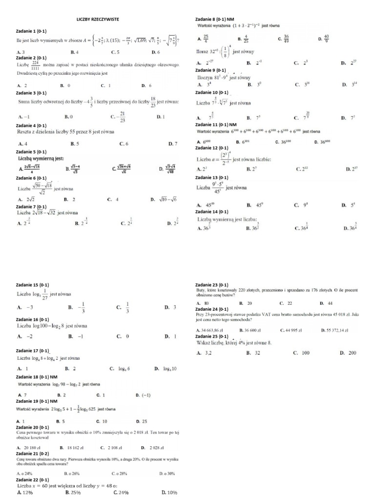 Liczby Rzeczywiste Zadania Maturalne | PDF