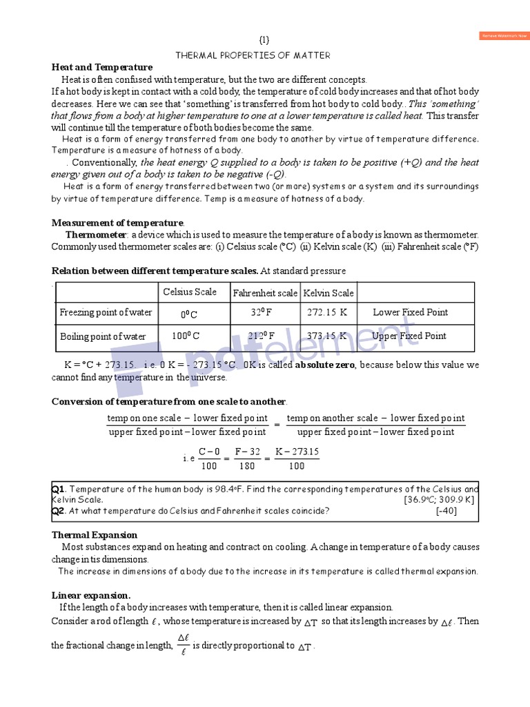 Thermal Properties of Matter, Thermodynamics and Kinetic Theory Notes ...