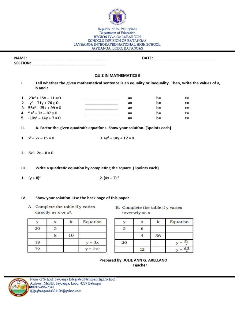 Math 9 Quiz | PDF