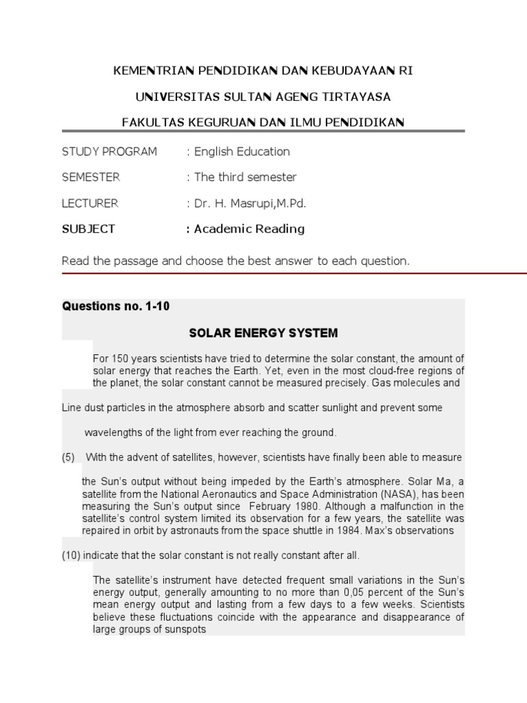 2223190080.3B. Arsi Syahid Yusuf Miraj .READING COMPREHENSION | PDF | Sun | Nature