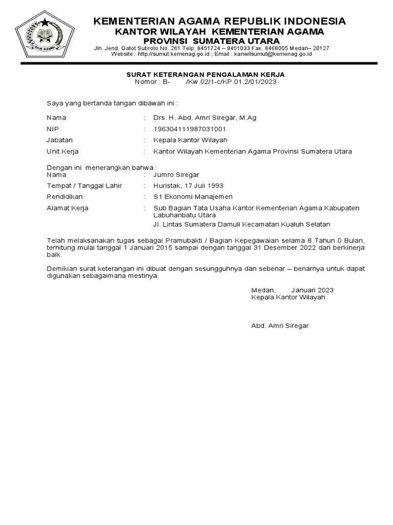 Surat Keterangan Pengalaman Kerja | PDF