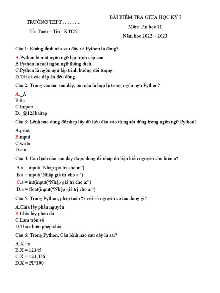 Kiem Tra 1 Tiet | PDF