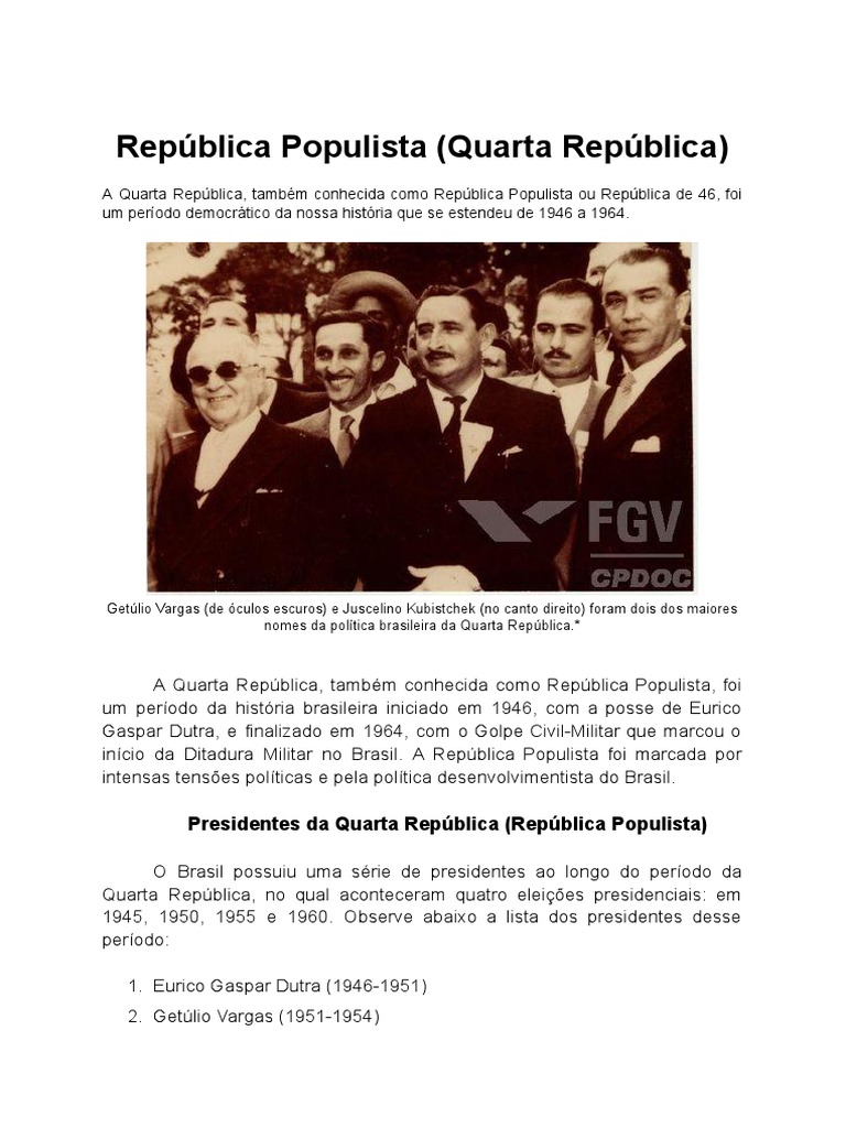 História Da República Populista (Quarta República) | PDF | República | Brasil