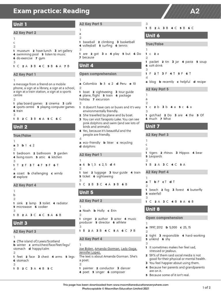 A2 Exam Practice Reading Answer Key | PDF