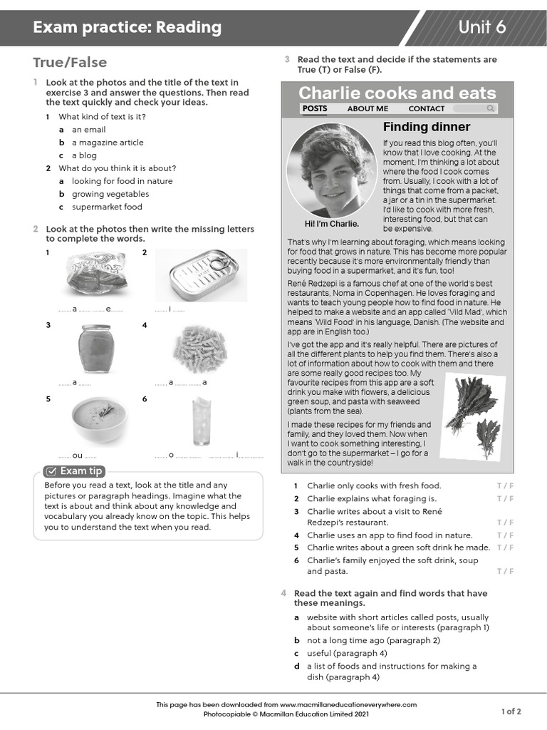 A2 U6 Exam Practice Reading | PDF | Cooking | Foods