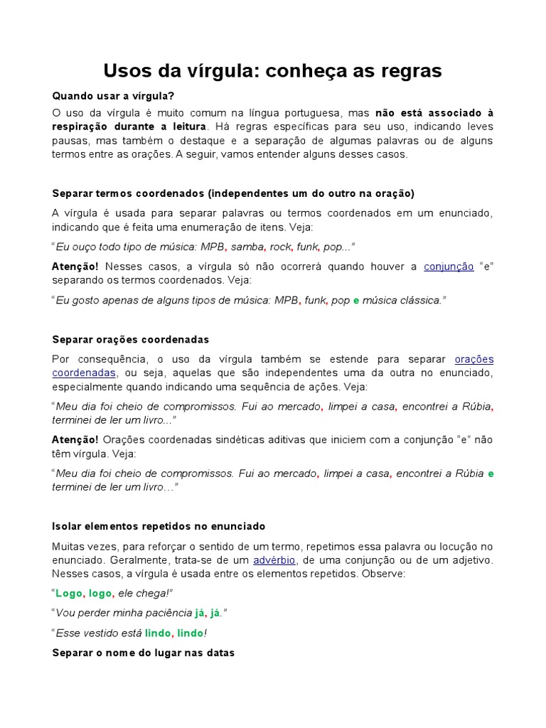 Usos Da Vírgula: Conheça As Regras | PDF | Gramática | Sintaxe