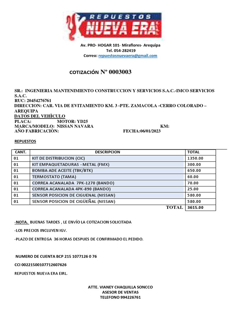 Cotizacion Imco | PDF