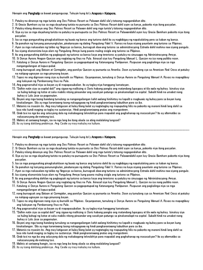 Anapora at Katapora Pagsasanay | PDF