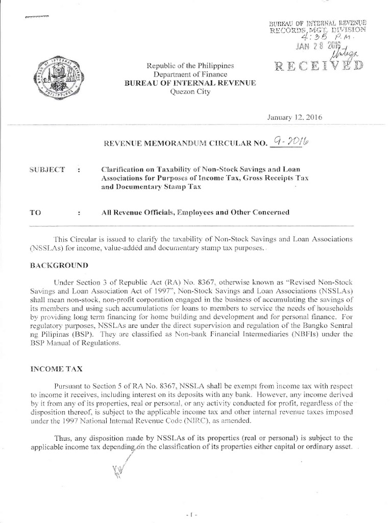 RMC No 9-2016 - Clarification On Taxability of NSSLA For Income Tax, GRT and DST | PDF | Taxes ...