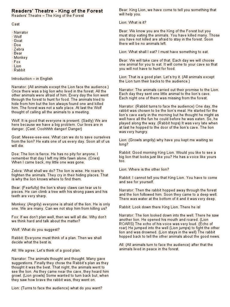 Readers Theater (King of The Forest) | PDF | Lion