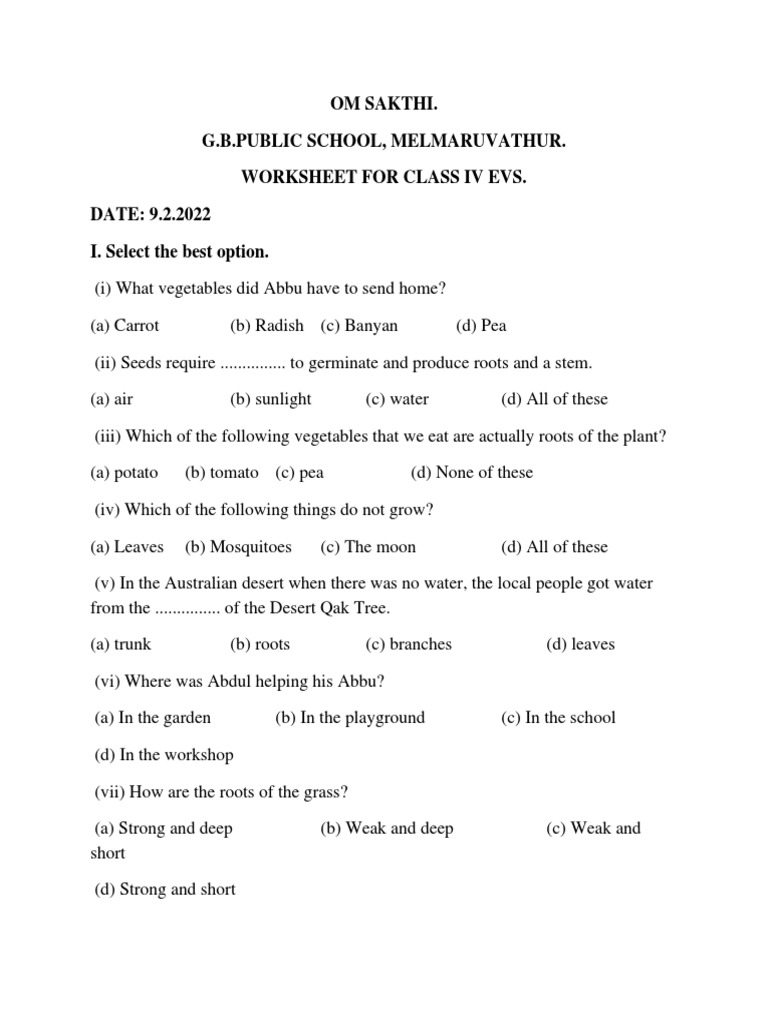 Class 4 Evs Worksheet On Lesson 19 | PDF | Trees | Root