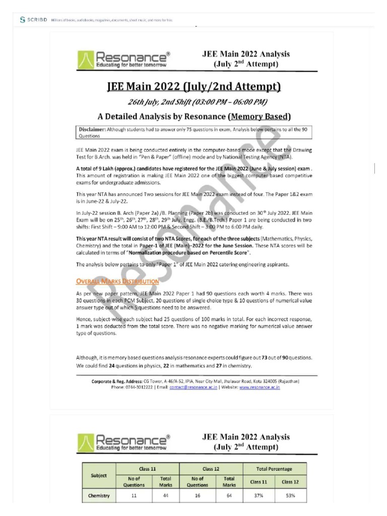 JEE Main 26th July Afternoon | PDF