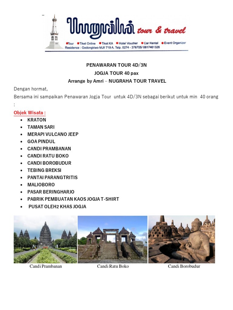 Contoh Penawaran Jogja Tour 4D3N Group 40 Pax | PDF