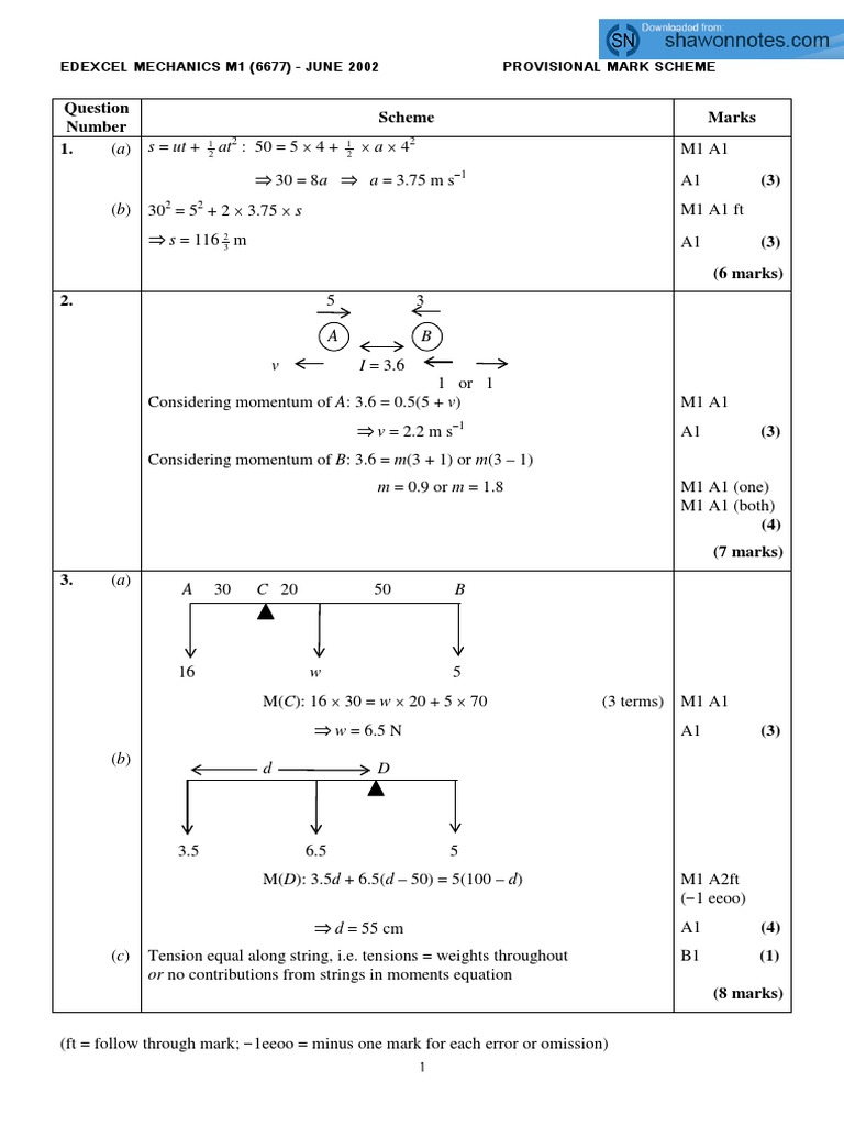 June 2002 MS - M1 Edexcel | PDF | Applied And Interdisciplinary Physics ...