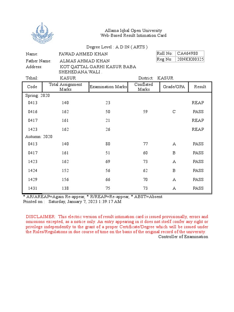 AIOU Online Web-Based Result | PDF