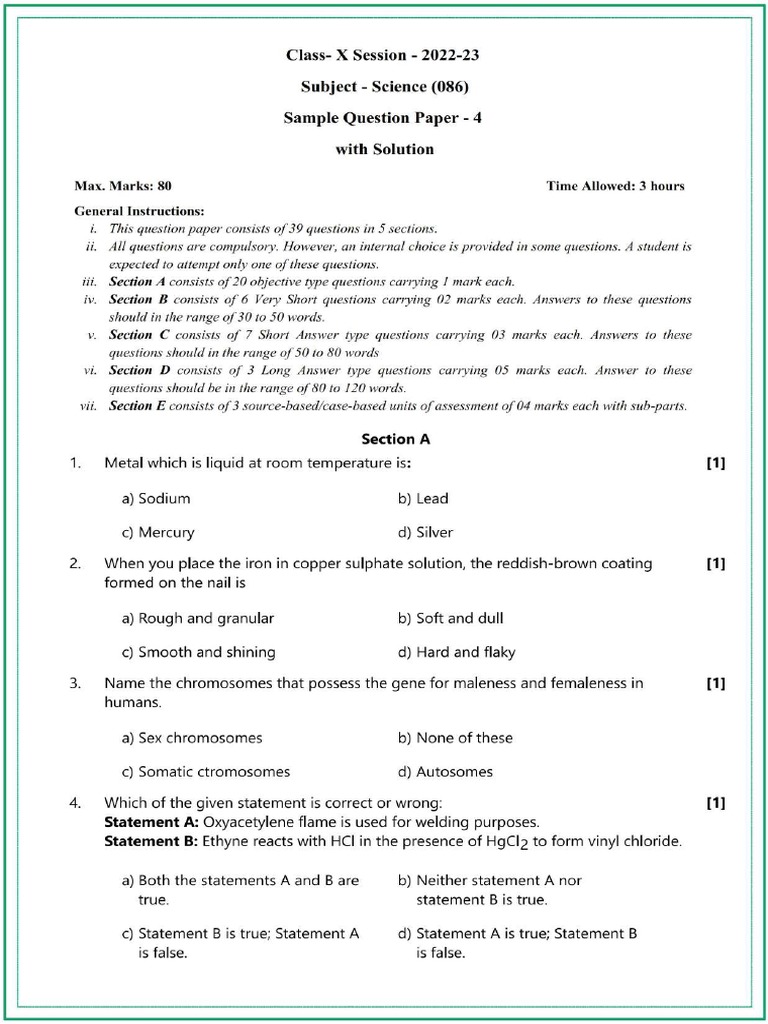 Science Sample Paper - 4 - 1 | PDF
